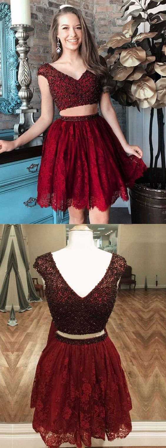Two Pieces Homecoming Dress,beaded Party Dress,short Modest Two Pieces ...