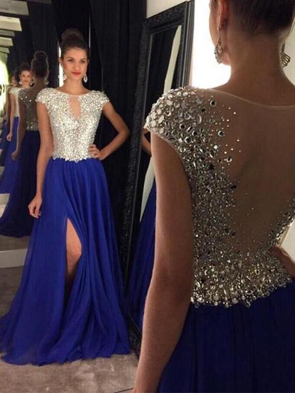 Cap Sleeve Prom Dresses, Rhinestone Prom Dresses, Side Slit Prom ...